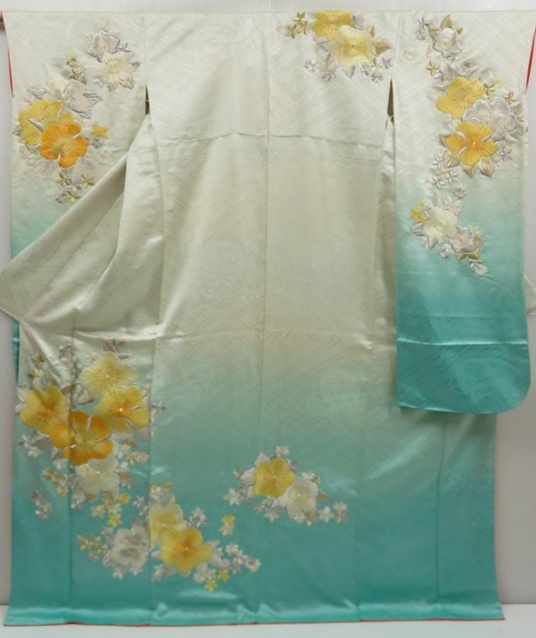 5006T01z1380 Vintage Japanese Kimono Silk FURISODE Flowers Off-white ...