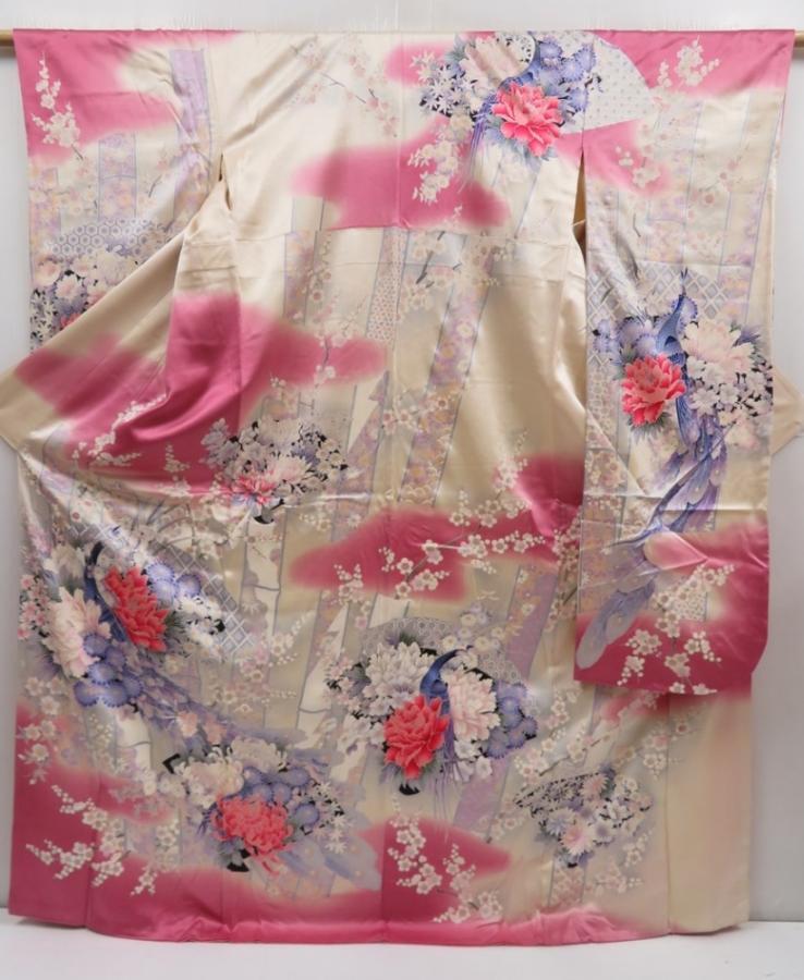 5012T13z1280 Vintage Japanese Kimono Silk FURISODE Peacock Dark pink ...